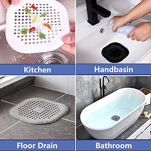 3 Pack Drain Cover Hair Catcher Pad, Silicone Tube Trap Shower with Sucker for Bathroom Kitchen, 5.5" Flat Square Rubber Strainer Plug Filter Bathtub Sink Home Drain Protectors, Black