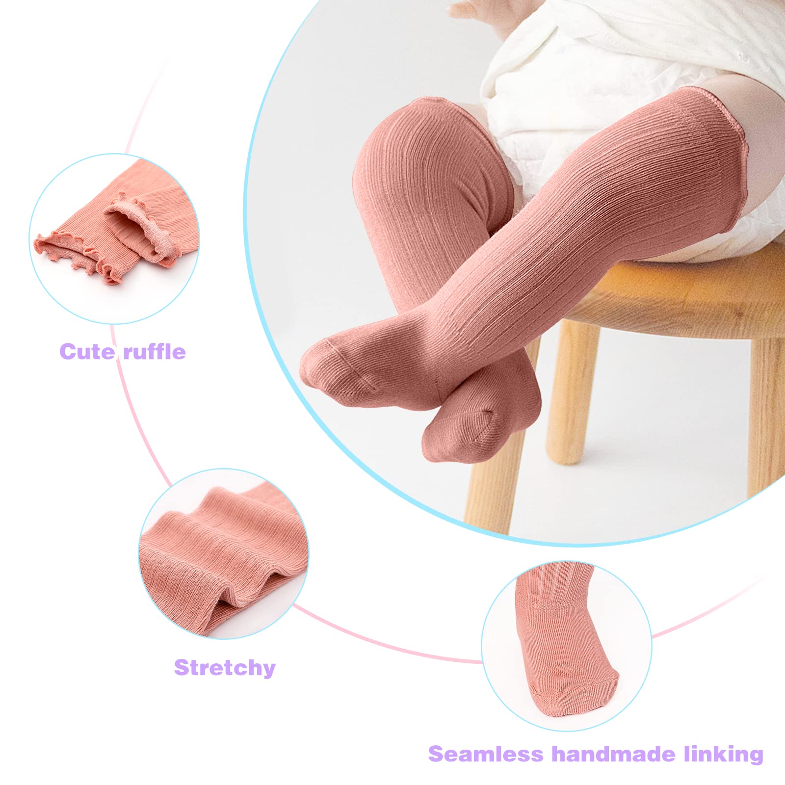Aaronano Non-slip Knee High Socks Baby Girls Grippy Sock Frilly Ruffle 5 Pairs(2 white + 2 pink + 1 nude,0-6 Months)