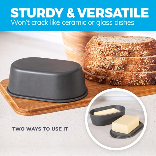 Grey Butter Dish with Lid For Countertop - Modern Bamboo Dark Grey Butter Crock - Dishwasher Safe Butter Keeper -Butter Holder Container Perfect For Large European Style Butter Such As Kerrygold