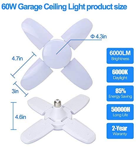 2-Pack LED Garage Lights 60W Deformable Garage Ceiling Lighting E26 6000LM Daylight LED Light Bulbs Adjustable Led Shop Lights Super Bright Working Light for Garage Workshop Barn Warehouse Basement