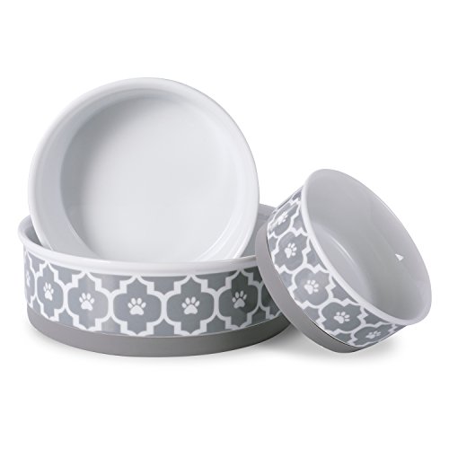 Bone Dry Lattice Pet Bowl, Removable Silicone Ring Creates Non-Slip Bottom for Secure Feeding & Less Mess, Microwave & Dishwasher Safe, Medium Set, 6x2", Gray, 2 Count