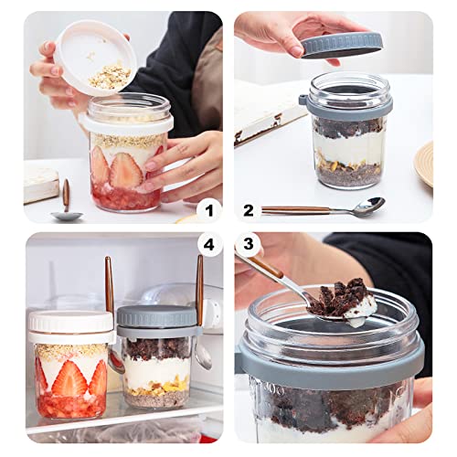 4 Pack Food Grade Overnight Oats Containers with Lids and Spoon, 16 oz Mason Jars for Overnight Oats with Measurement Marks, Large Capacity Airtight Oats Jars for Cereal Milk Yogurt Vegetable Fruit