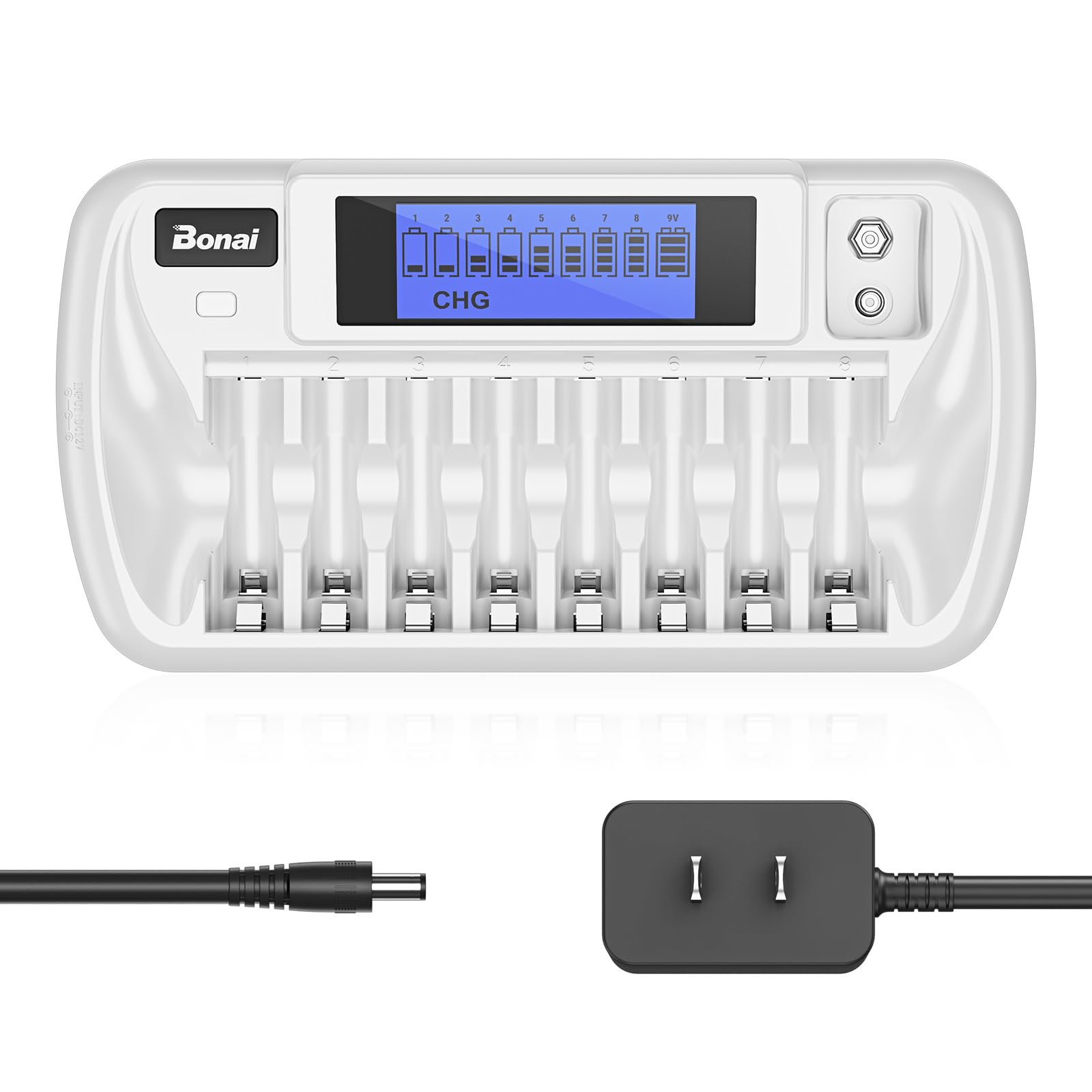 BONAI 8+1 Bay AA AAA Battery Charger with LCD Display for AA AAA NiMH NiCd & 9V Rechargeable Batteries Independent Control and Standard American AC Charging Plug