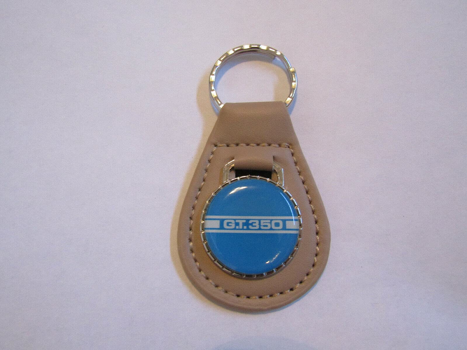 1965 1966 1967 1968 1969 1970 SHELBY GT-350 WHITE STRIPE ON BLUE LEATHER KEYCHAIN - BEIGE