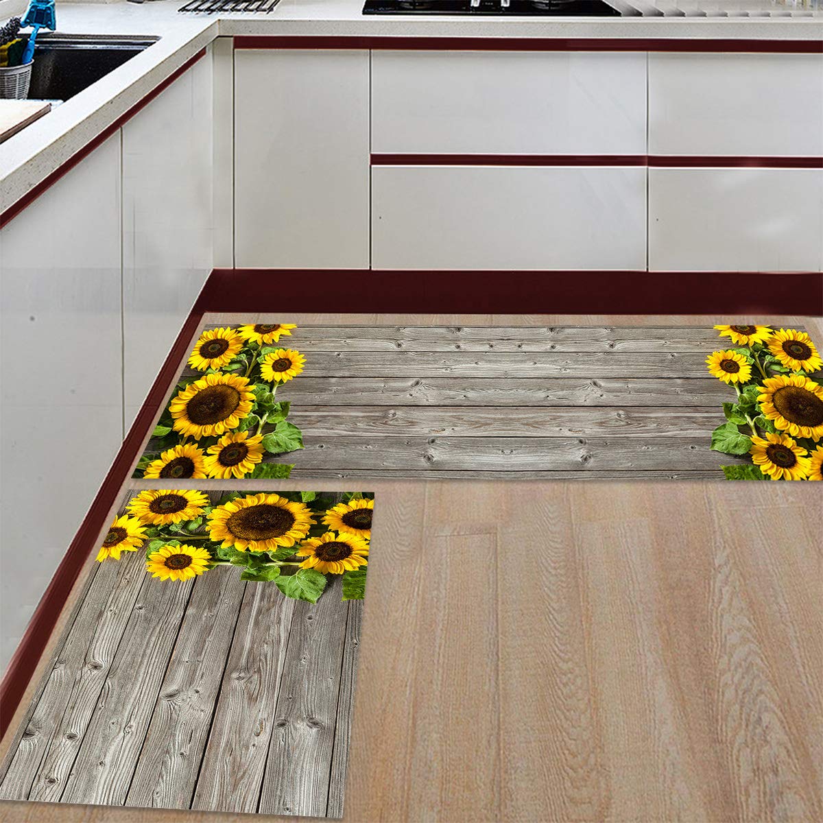 2 Piece Non-Slip Kitchen Mat Rubber Backing Doormat Sunflower on The Wooden Floor Runner Rug Set, Hallway Living Room Balcony Bathroom Carpet Sets (19.7" x 31.5"+19.7" x 47.2")