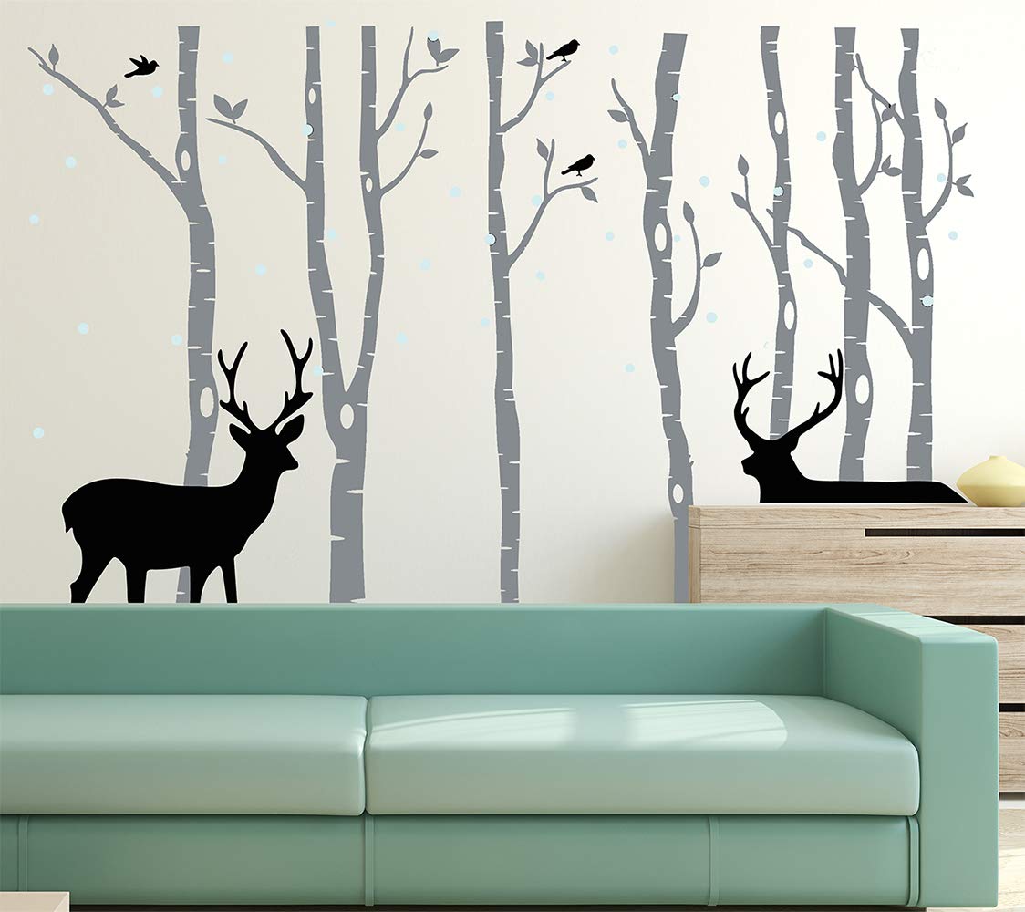 Birch Tree Deer Wall Decal Nursery Forest Removable Birch Trees Vinyl Sticker for Kids Bedroom Decor Nursery Bedroom (Grey)