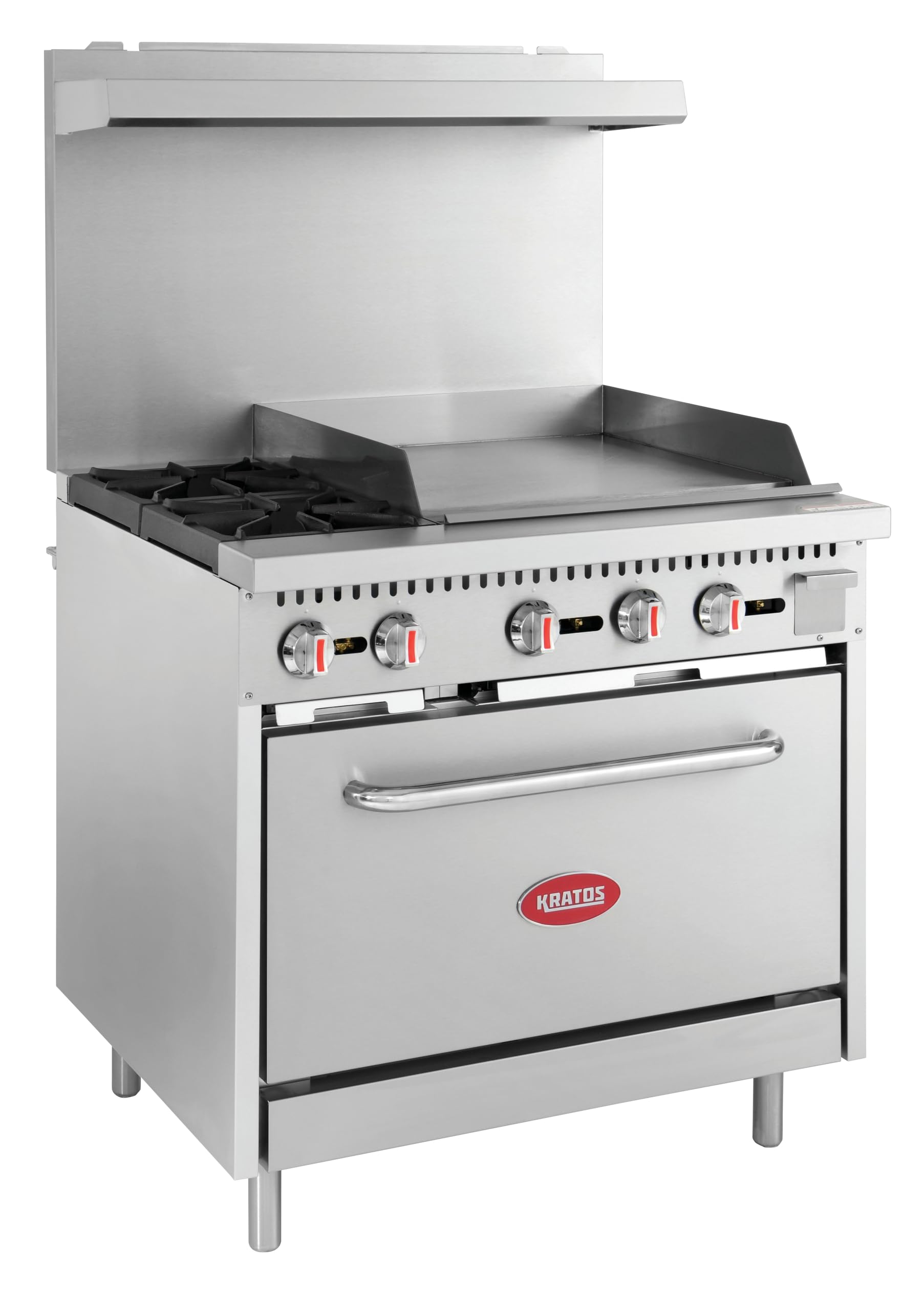 Kratos 36" Wide Commercial Gas Range with 24" Griddle, 2 Burners, and Full Size Oven, Stainless Steel Range for Restaurants, 130,000 BTU, Liquid Propane (29Y-047-LP)