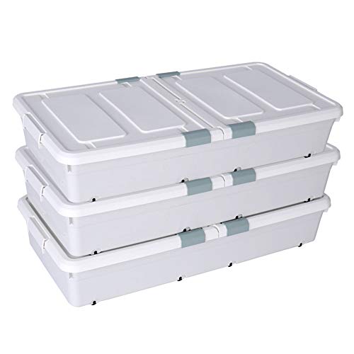 3 Pack Large Rolling Under Bed Storage Bin With Wheels, Sliding Underbed Plastic Containers With Lid Open From Both Sides. 37 x 19 x 7.3 inches