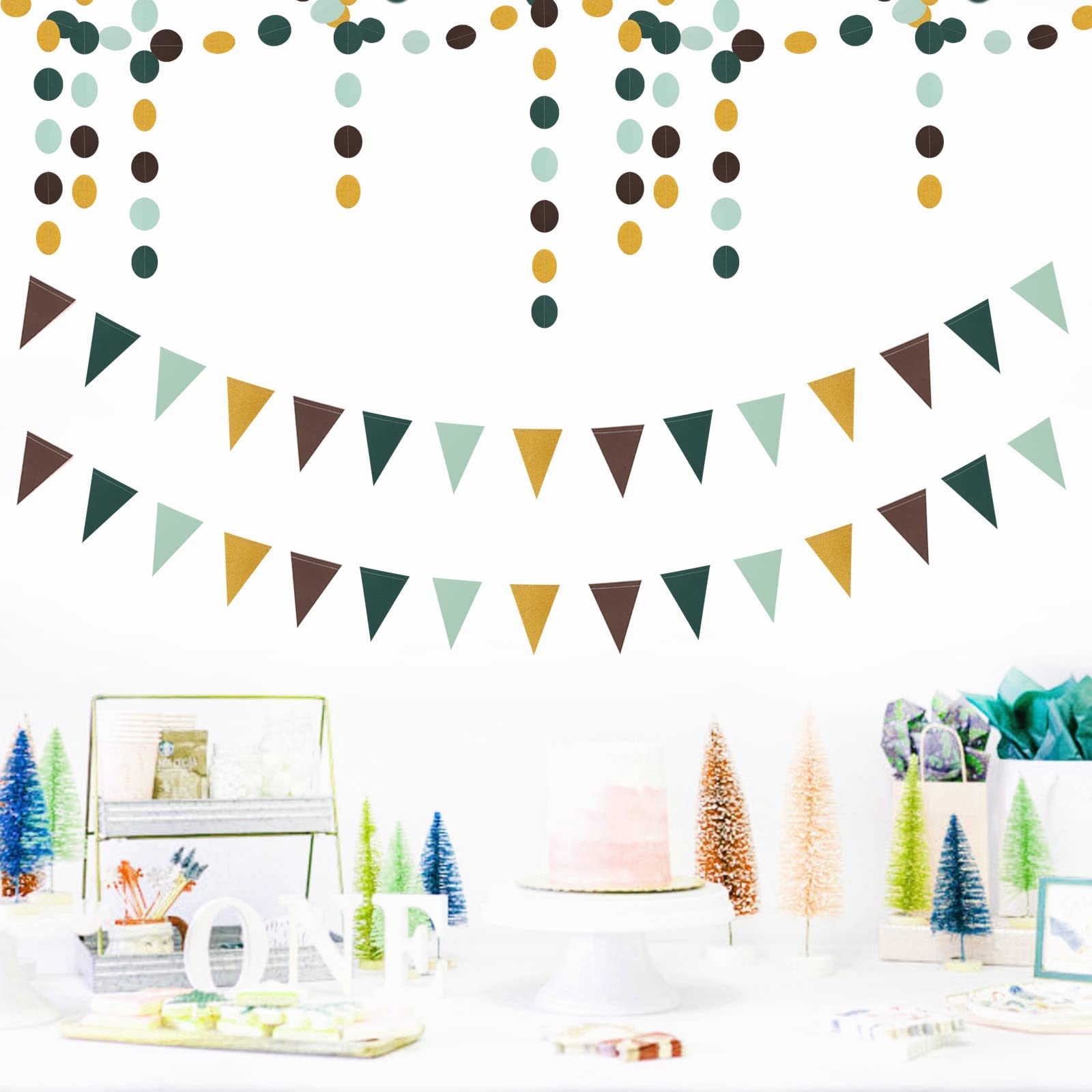 Sage-Green Gold Brown Party Decorations - 2 Pack Paper Pennant Banner Triangle Flags Hanging Backdrop Decor For Gender Neutral Baby Shower,Bridal Shower,Birthday With Boho,Rustic,Forest,Woodland Theme