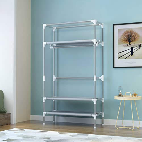 ASSICA Portable Clothes Closet Rolling Door Wardrobe with Hanging Rack Non-Woven Fabric Storage Organizer with Three Drawer Boxes No-Tool Assembly - 35.4 x 17.7 x 67.0 ββ (Gray)