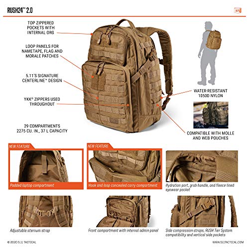 5.11 Tactical Backpack – Rush 24 2.0 – Military Molle Pack, CCW and Laptop Compartment, 37 Liter, Medium, Style 56564, Multicam
