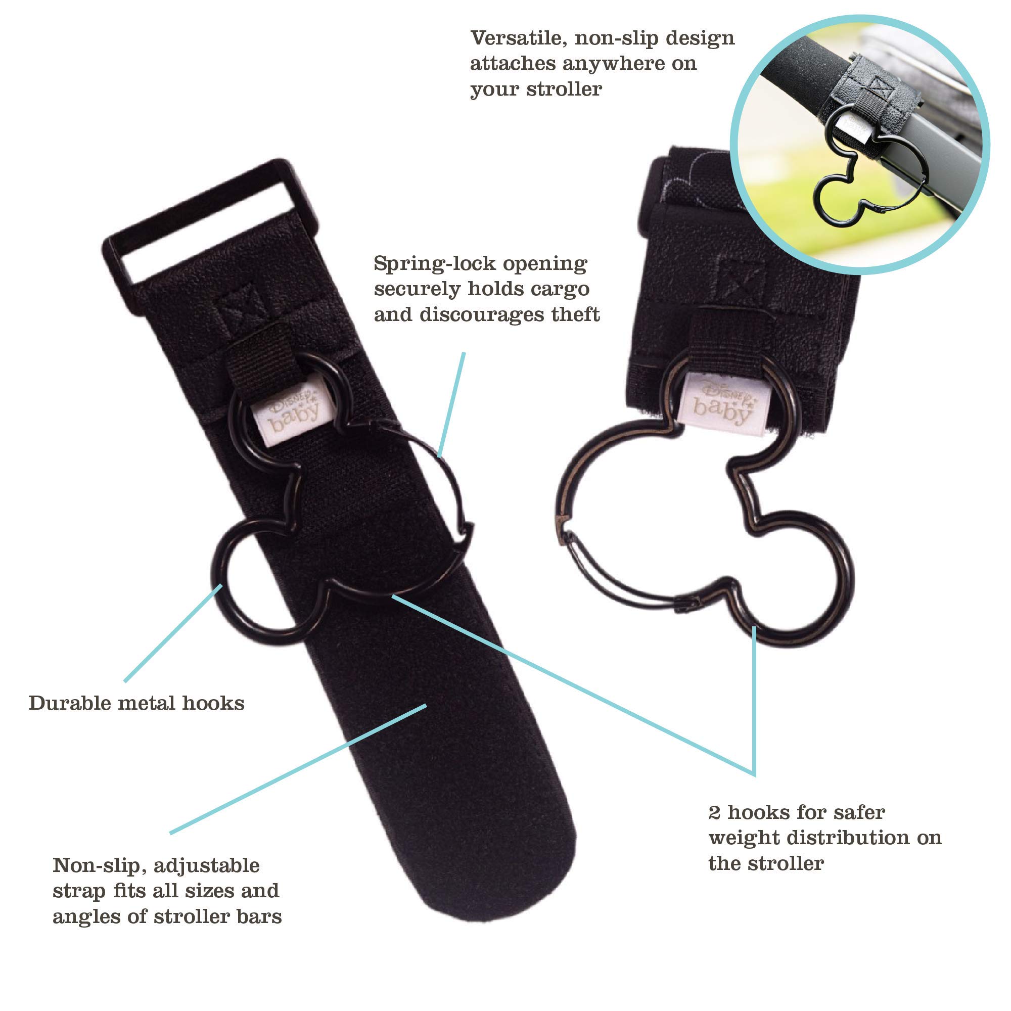 Disney Baby by J.L. Childress Mickey Mouse Stroller Hooks - Universal Stroller Clips with Non-Slip Straps - Durable Carabiners to Hold Water Bottles & Bags - 2 Pack - Disney Travel Accessory - Black