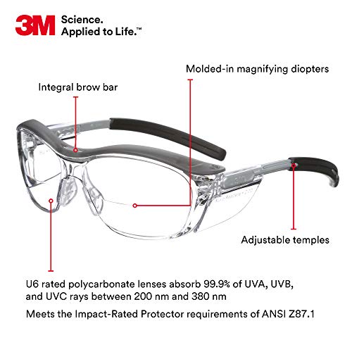 3M Safety Glasses with Readers, Nuvo Readers, +2.0 Diopter, ANSI Z87, Clear Lens, Gray Frame, Soft Nose Bridge, Side Shields