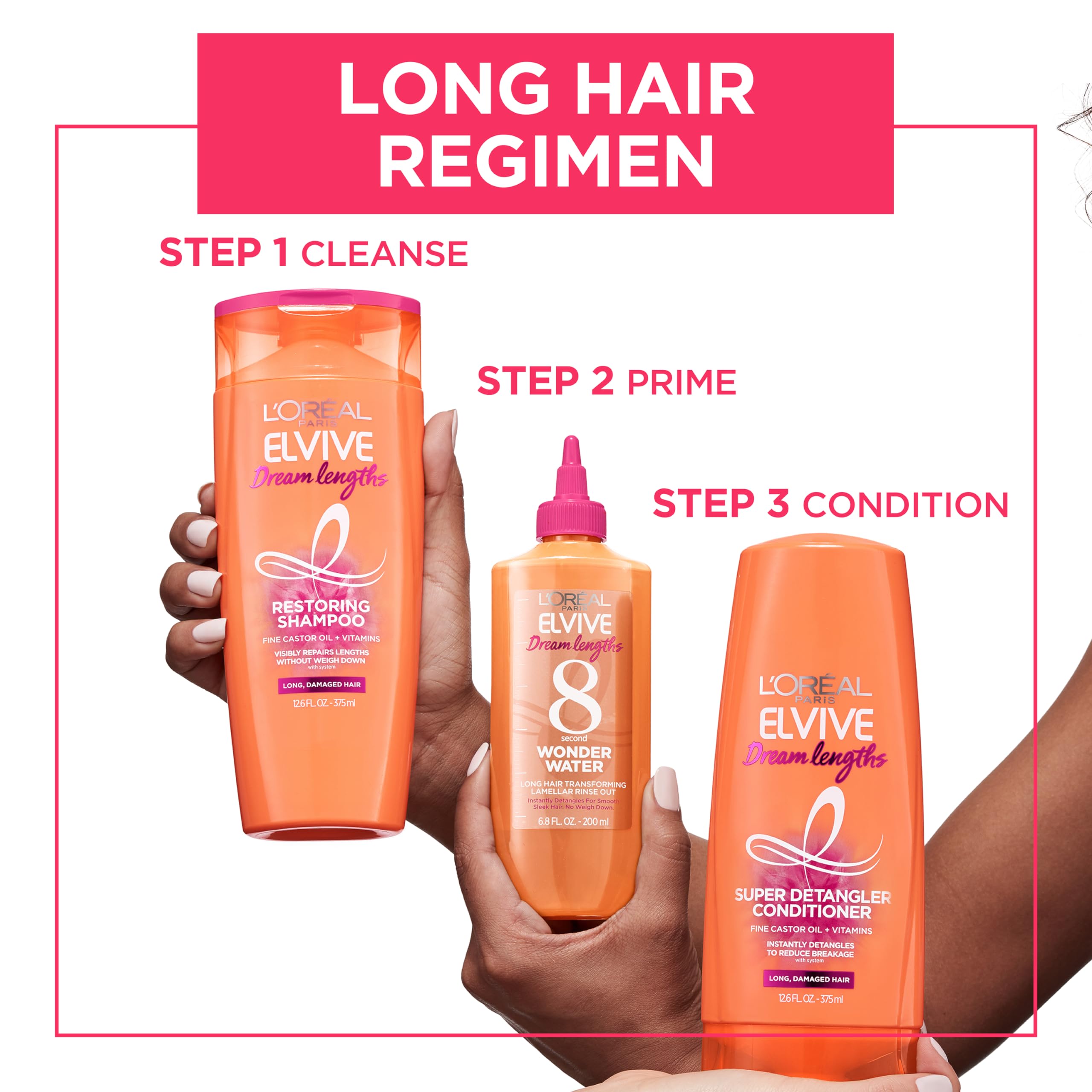 L'Oreal Paris Elvive Dream Lengths Restoring Shampoo With Fine Castor Oil and Vitamins B3 and B5 for Long, Damaged Hair, Visibly Repairs Damage Without Weighdown With System, 28 Fl Ounce