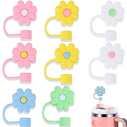 8Pcs Stanley Straw Cover Cap 10mm Cute Silicone Daisy Straw Topper Compatible with Stanley 30&40 Oz Tumbler with Handle Straw Tip Covers for Simple Modern Tumbler Accessories Reusable Straws Protector