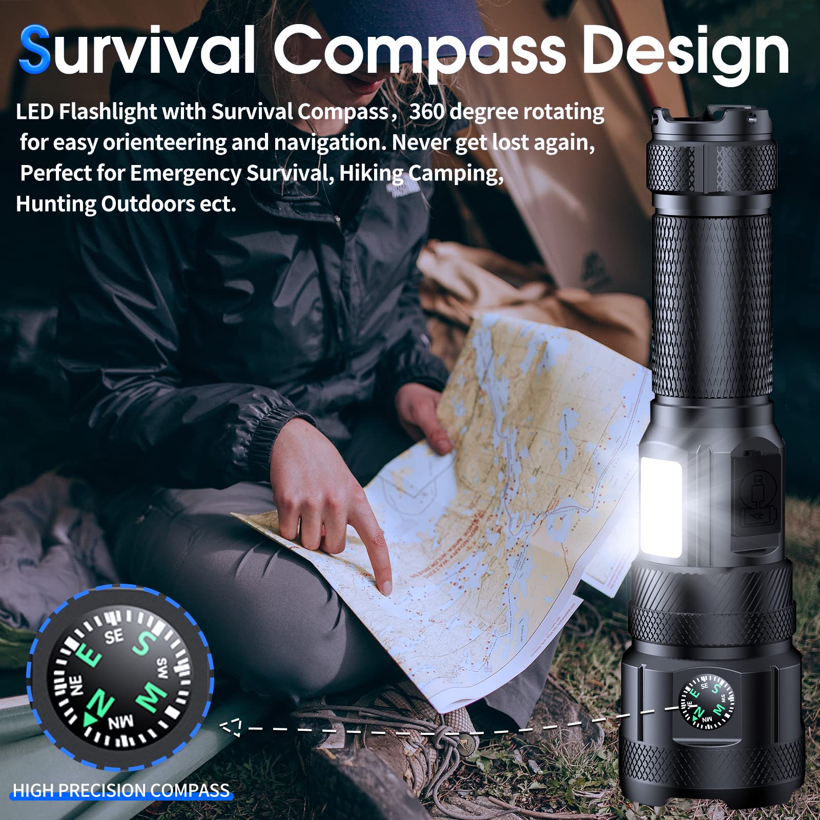 2 Pack Flashlights High Lumens Rechargeable, Super Bright Led Flashlight with COB Work Light, Compass, USB Type C Charging, 7 Modes,High Powered Flash Light Tactical Flashlight for Emergencies Camping