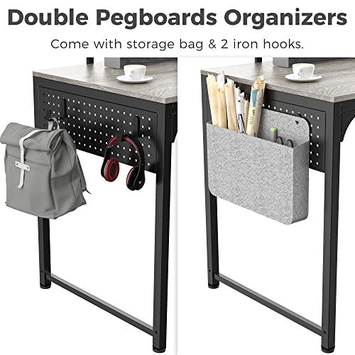 55 Inch Oak Grey Home Office Computer Desk with Monitor Stand Storage Shelves, Work Study Writing PC Gaming Table Large Workstation with Sturdy Black Metal Frame Dual Pegboard Organizers & Accessories