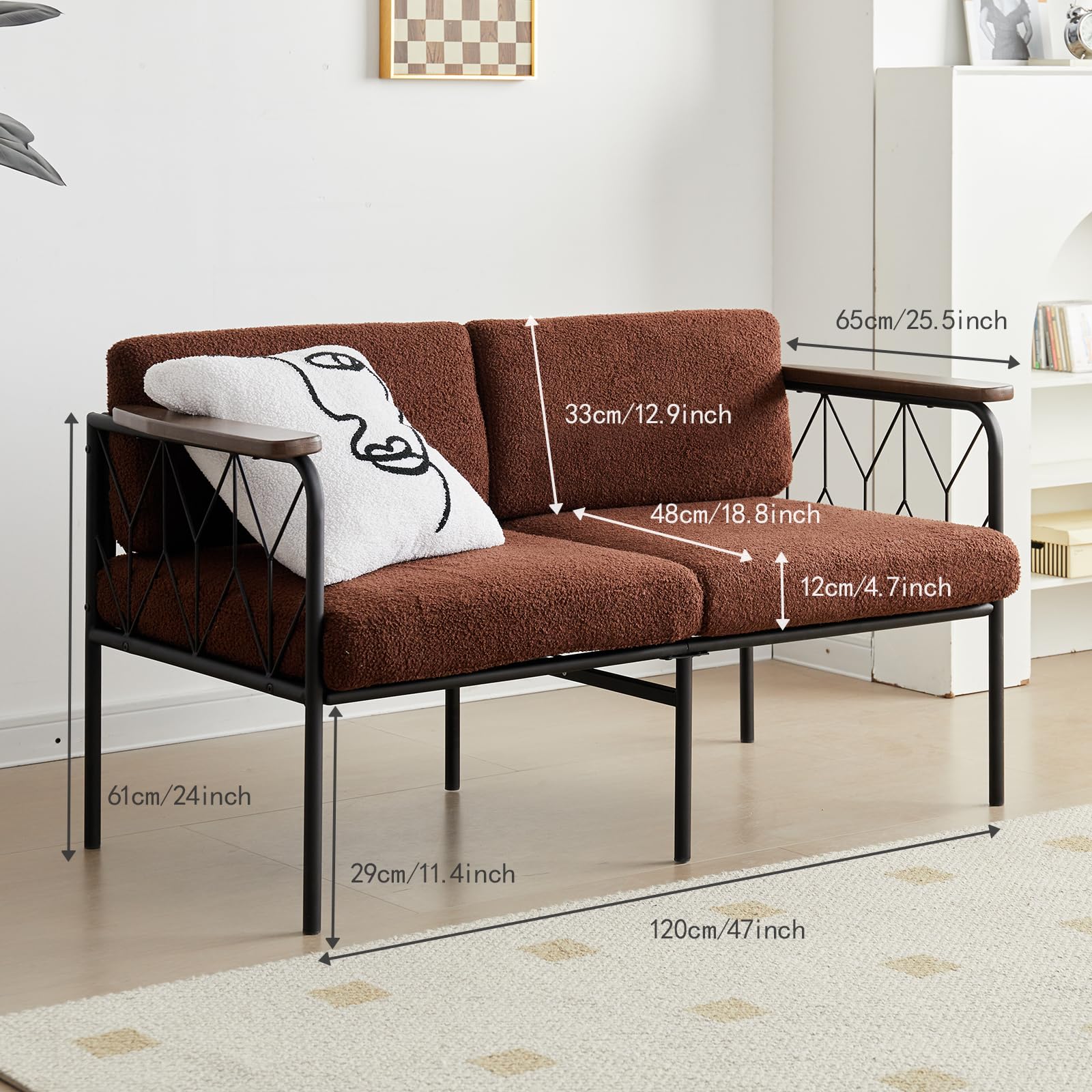 47β W Futon Sofa Couch Modern Loveseat Sleeper Sofa Bed with Sturdy Metal Frame Teddy Velvet Upholstered Convertible Couch Bed for Living Room Bedroom Apartment Office, Brown