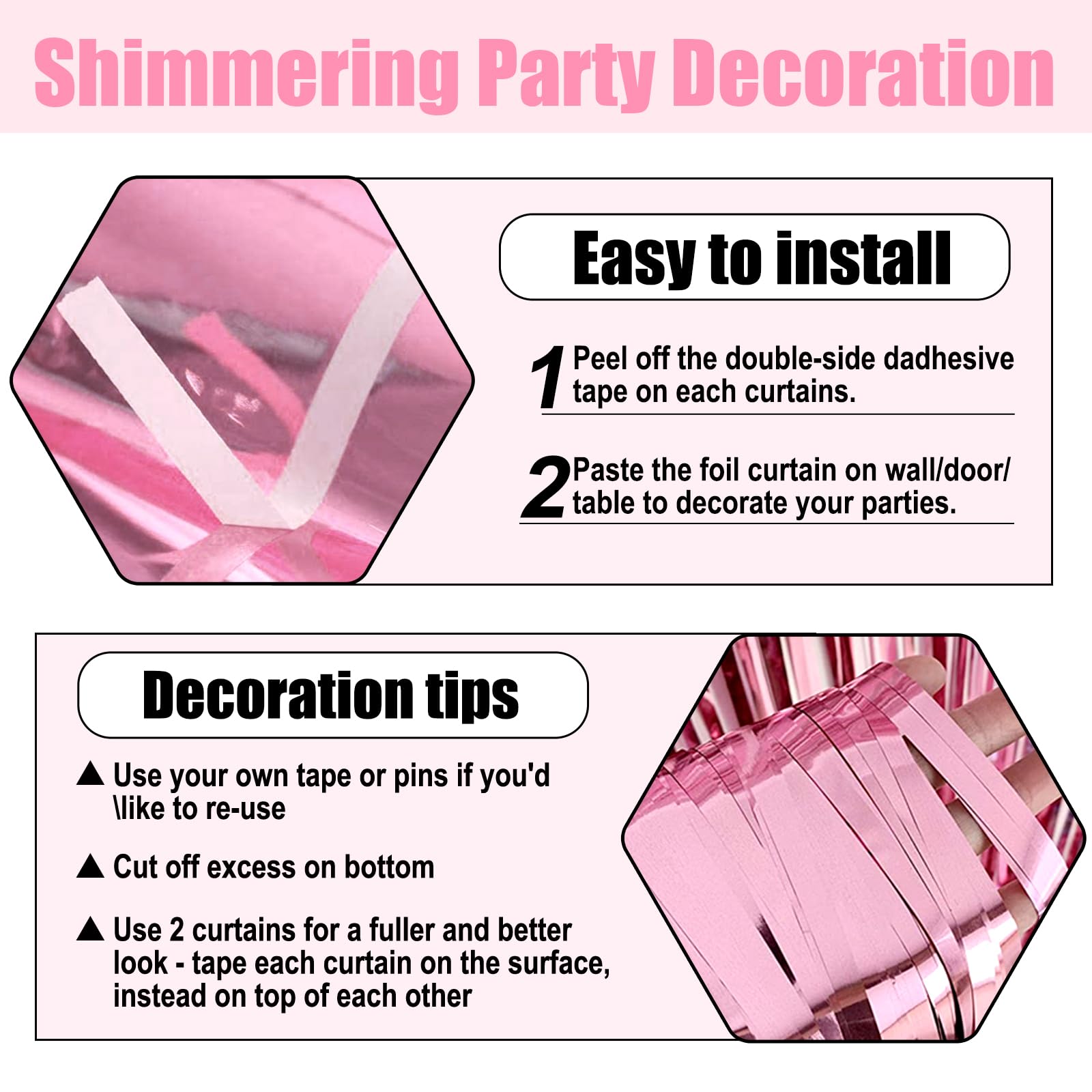 3 Pack Pink Foil Fringe Curtain Backdrop, 3.28Ft x 8.2Ft Metallic Tinsel Foil Fringe Streamer Curtains for Photo Booth, Christmas Day, Thanksgiving, Wedding, New Year Party Decorations