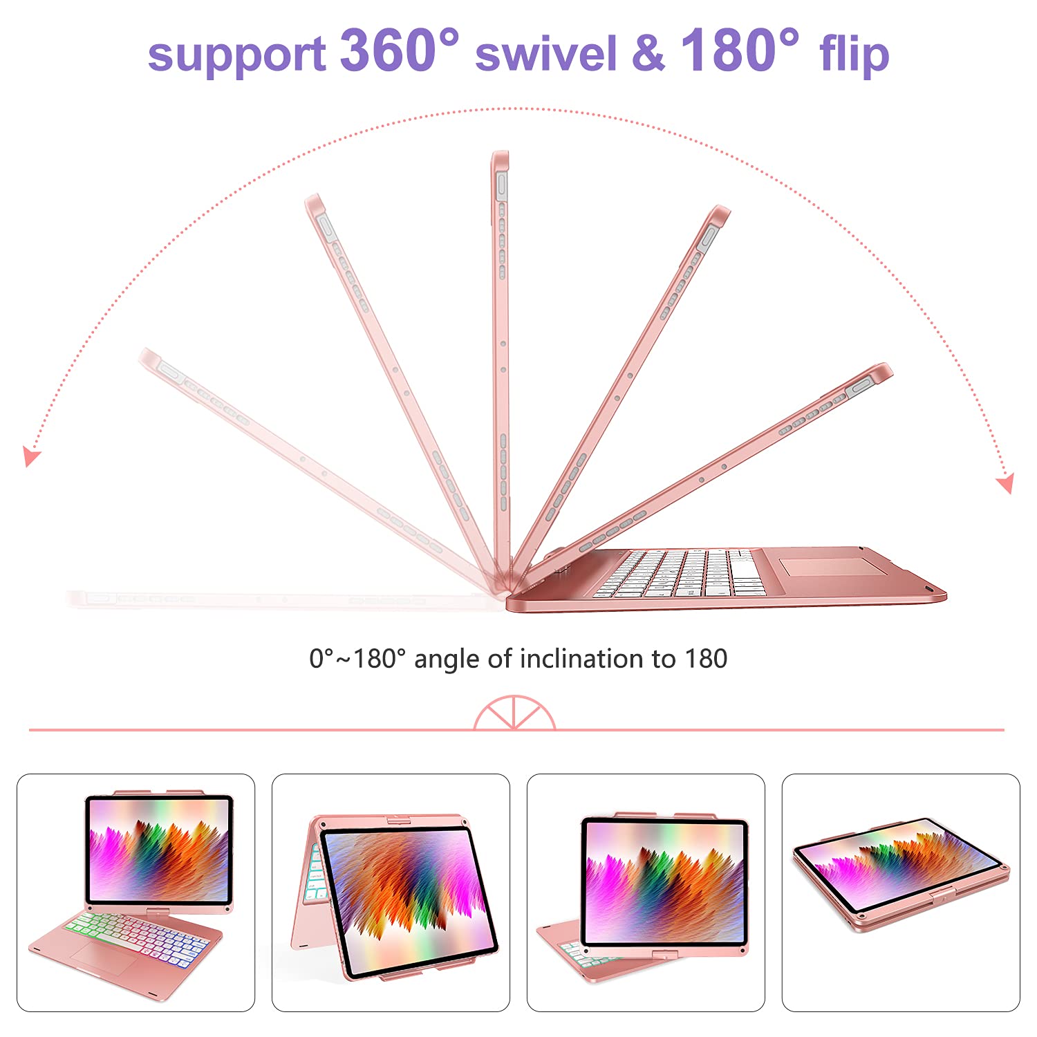 Touch Keyboard Case for iPad Air 13 M2 2024, iPad Pro 12.9 Case with Keyboard 6th/5th/4th/3rd Generation, Trackpad, 360° Rotatable, Wireless Keyboard Cover, 7 Modes Rainbow Backlits with Pencil Holder