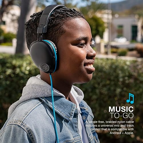 JLab JBuddies Pro Wired Over-Ear Kids Headphones, Built-in Volume Regulators for Safety, Folding, Adjustable, Noise Isolation, with Mic, Blue