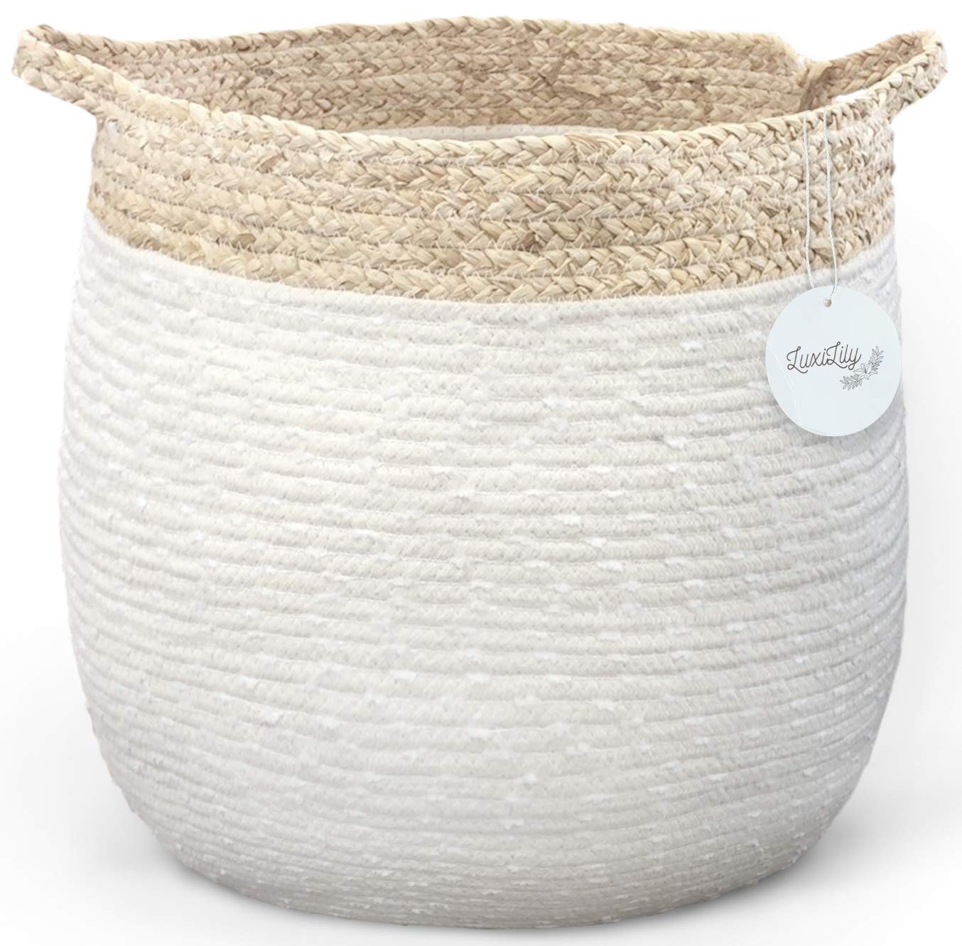 Cotton Rope Basket with Corn Skin - Large Woven Storage Basket for Laundry, Decorative Baby Organizer for Blankets and Toys, Natural Beige Color, Safe for Kids, White Housewarming Home Decor Gift