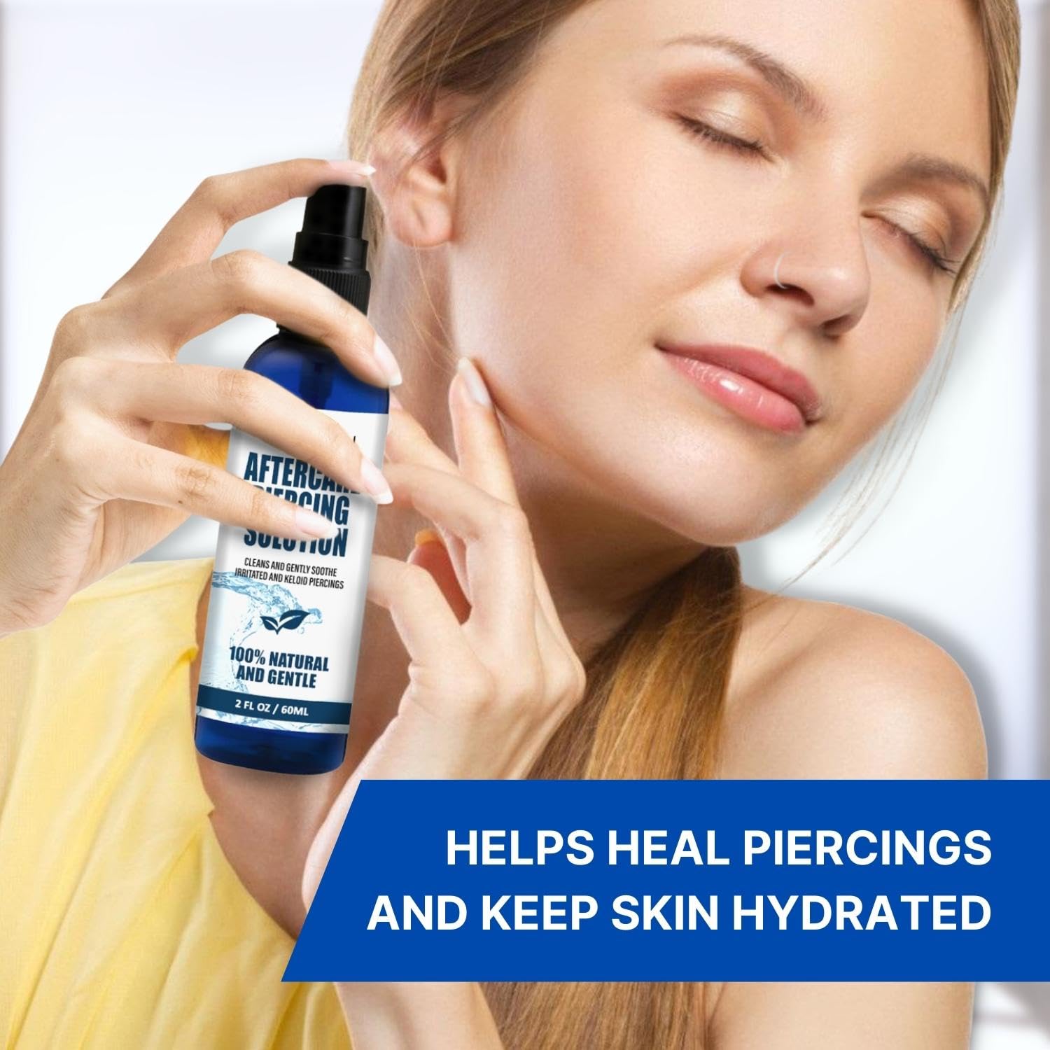 BodyJ4You Piercing Aftercare Spray - Saline Solution Natural Keloid Bump Removal - Ear Piercing Cleaner Nose Septum Belly Button Cartilage - Sea Salt Aloe Vera Rosemary - Fine Mist 2 Fl Oz