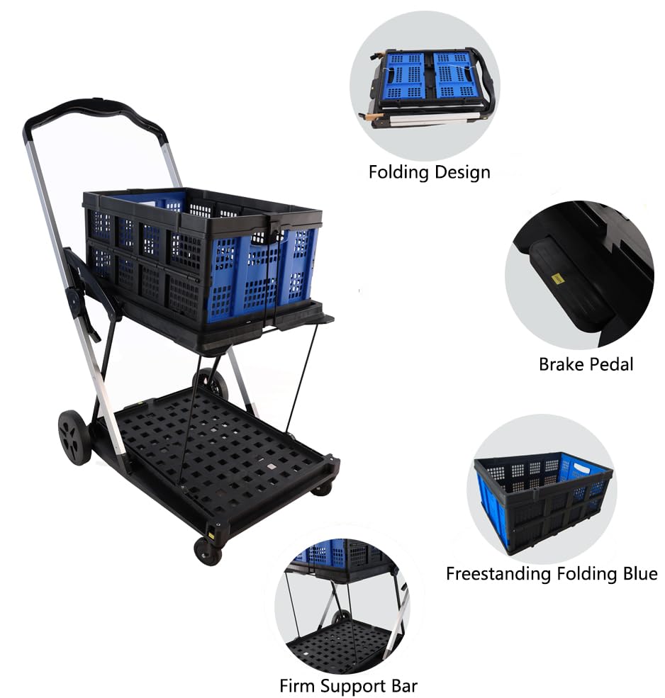 2-Tier Folding Shopping Cart with Wheels, Collapsible Utility Cart Multi Use Functional, 2 in 1 Hand Truck for Grocery/Luggage/Moving
