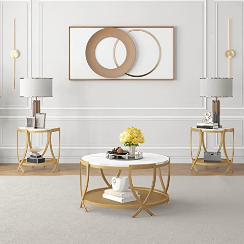 ASYA 2-Tier Round Coffee Table with Storage Open Shelf, 36 Inch Industrial Sofa Cocktail Table for Living Room, White & Gold