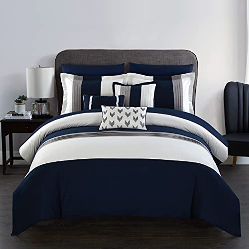Chic Home Ayelet 10 Piece Comforter Set Color Block Ruffled Bag Bedding-Decorative Pillows Shams Included, King, Navy