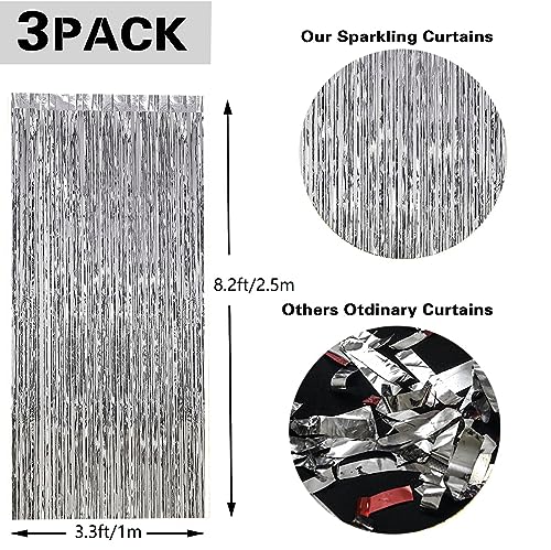 3 Pack Silvery Foil Fringe Backdrop Curtains,3.3 ft x 8.2 ft Silvery Door Streamers ,Silvery Gold foil Fringe Curtain Backdrop,for Photo Background Party Decorations, Graduation Decorations