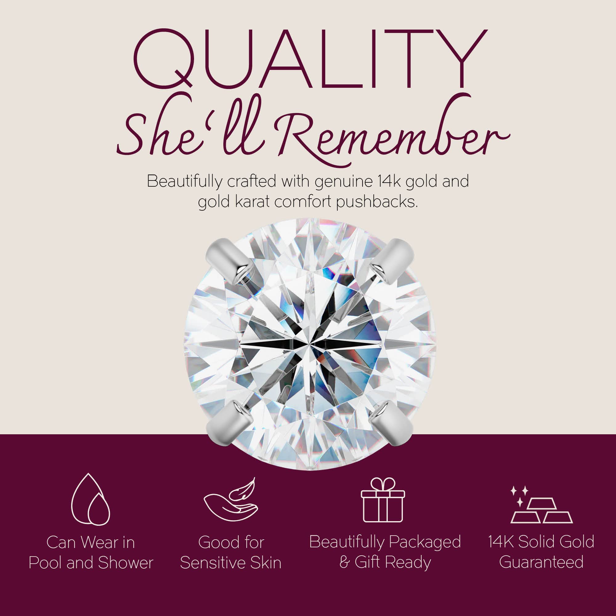 14k White Gold Solitaire Round Tint Cubic Zirconia Small CZ Stud Earrings with 14k Gold butterfly Push-backs (3mm)