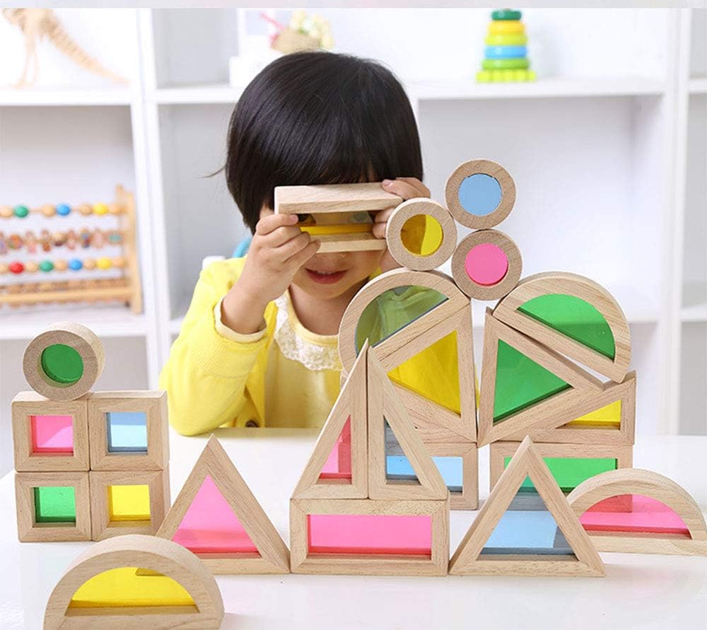 Agirlgle Wood Building Blocks Set for Kids 24 Pcs Rainbow Stacker Stacking Game Construction Toys Set Preschool Colorful Learning Educational Toys - Geometry Wooden Blocks for Boys & Girls