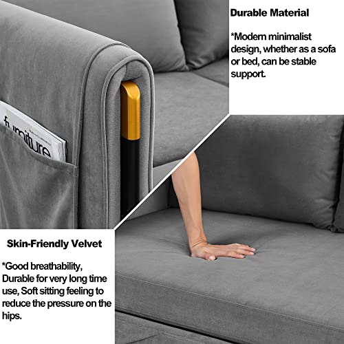 54" Pull Out Couch for Living Room, Convertible Sofa Bed with 2 Detachable Arm Pockets and Velvet Loveseat Multi-position Adjustable Sofa with Bedhead and 2 Pillows for Bedroom, Movie Room - Grey