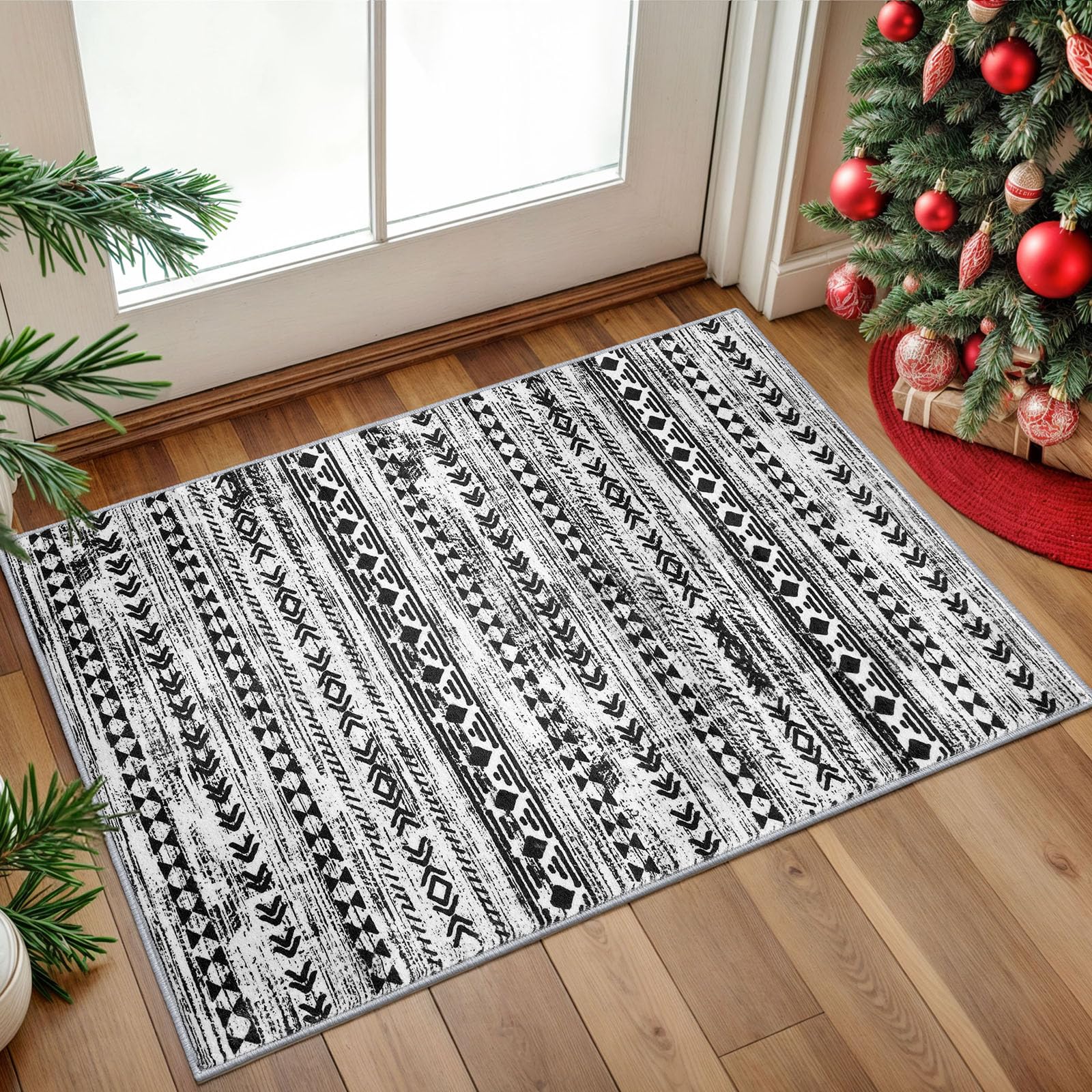 Alfasoft Moroccan 2x3 Rugs for Entryway Black and White Washable Small Area Rug Non-Slip Soft Print Vintage Distressed Geometric Low-Pile Indoor Door Mat Floor Carpet for Entrance Kitchen