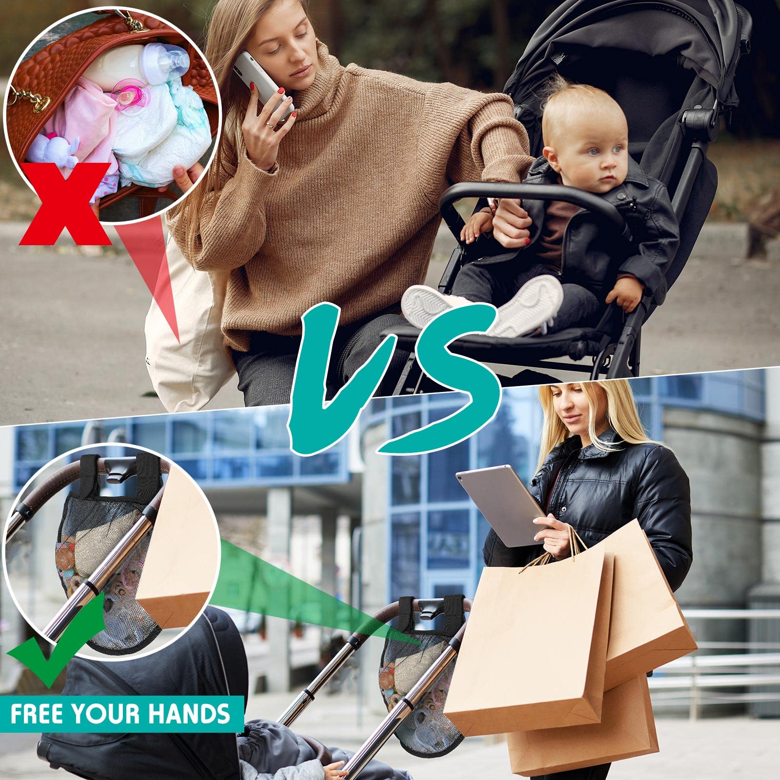 3 Pack Stroller Storage Side Sling Cargo Net Universal Baby Stroller Organizers Mesh Stroller Storage Stroller Accessories with Non Slip Adjustable Hook and Loop Straps for Bottle Milk Powder Diaper