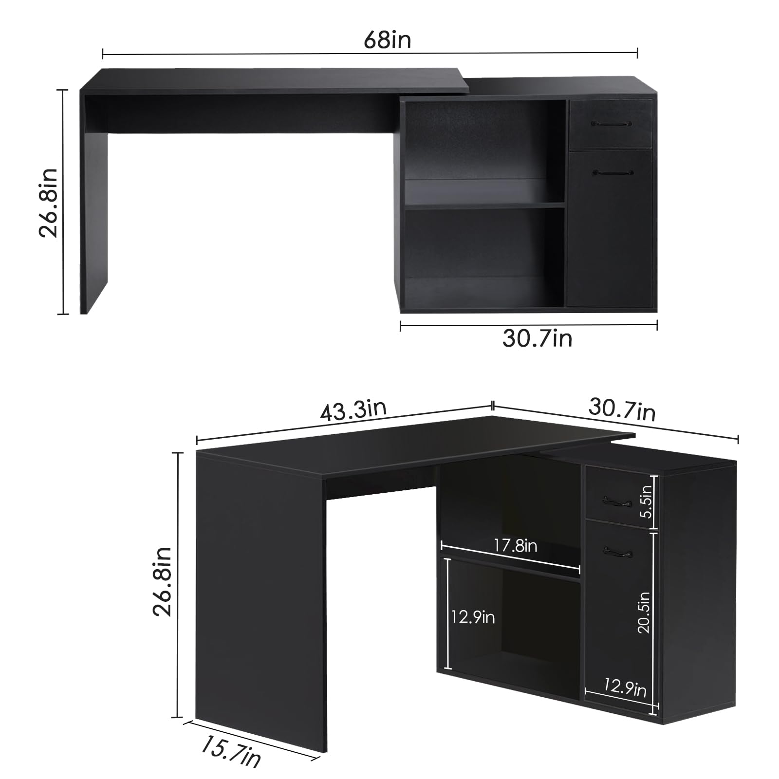 VANSPACE L-Shaped Rotating Computer Desk with Storage Shelves 68 inch Home Office Desk Corner with Drawers and File Cabinet Multipurpose Study Writing Table for Bedroom Small Space Black