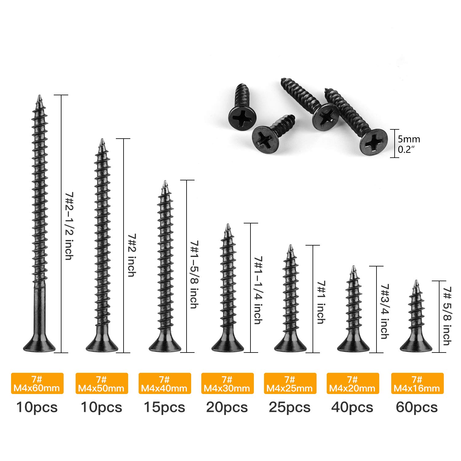 MIAHART 180 Pcs #7 Drywall Screw Assortment Coarse Thread harp Point Self Tapping Screws 7 Sizes Wood Screws for Drywall Sheetrock Wood Furniture and Cabinet (Black)