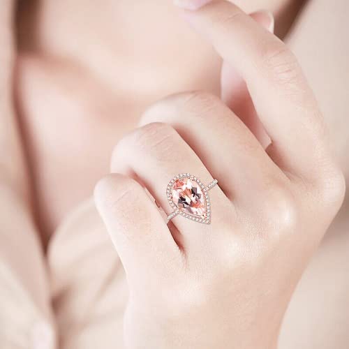 2.15 Cttw Pear Shape Simulated Peach Morganite & White Cubic Zirconia Wedding Engagement Halo Ring In 14K Rose Gold Plated 925 Sterling Silver - Ring Size - 5.5