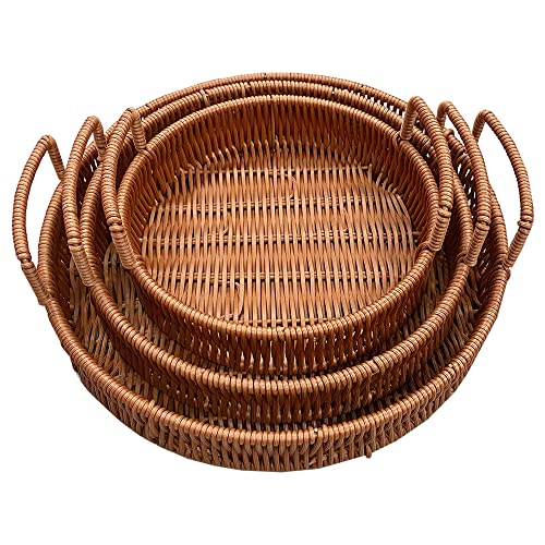 3 Pack Woven Serving Tray with Handles, Imitation Rattan Woven Tray, Hand-Woven Tray,Woven Basket, Storage Basket, Round Double Handle (Imitation Rattan, Brown)