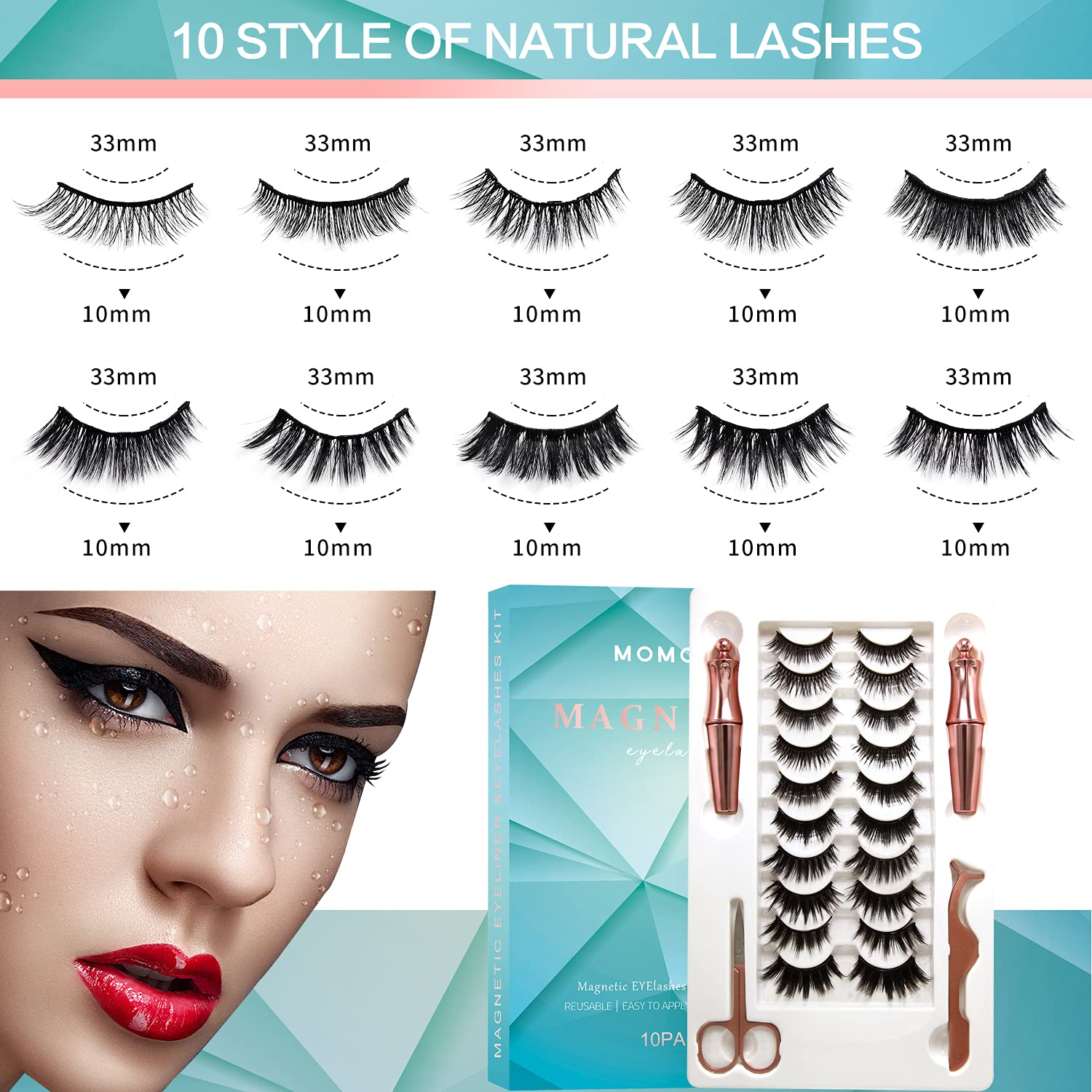 Magnetic Eyelashes with Eyeliner Kit, 10 Pairs Reusable Magnetic Lashes, Upgraded False Lashes Kit with Lash Tweezers Inside & Eyelash Scissors Navy blue