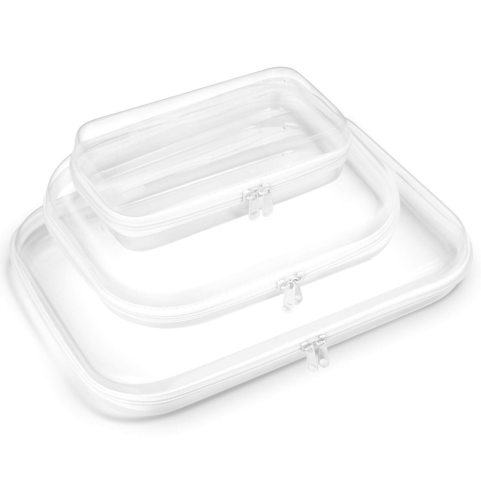 3 Pack Zippered Hard Pouch, Clear Plastic Storage Box Containers Small Toiletry Bag, Clear Hard Shell Zipper Case for Small Items, Toys, Building Blocks, Puzzles, Cosmetics&Stationery, 3 Size (White)