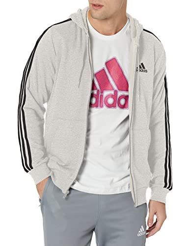 adidas Men's Essentials French Terry 3-Stripes Full-Zip Hoodie, Medium Grey Heather/Black, Large