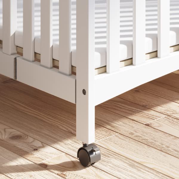 Child Craft London Mini Compact Folding Portable Crib with 2β Crib Mattress and 2 Easy Roll Locking Wheels, Durable Pine Wood Construction (Matte White)