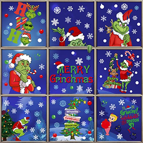 9 Sheets Christmas Decorations Window Clings - 102pcs Christmas Window Stickers Double-Sided with Christmas Tree Reindeer Snowflakes Decals for Christmas Holiday New Year Home School Party Supplies