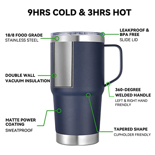 Abbrevi 20 oz Stainless Steel Tumbler with Handle Metal Insulated Coffee Travel Mug with Handle Double Wall Tumbler Cup with Handle and Lid, Navy Blue 1 Pack