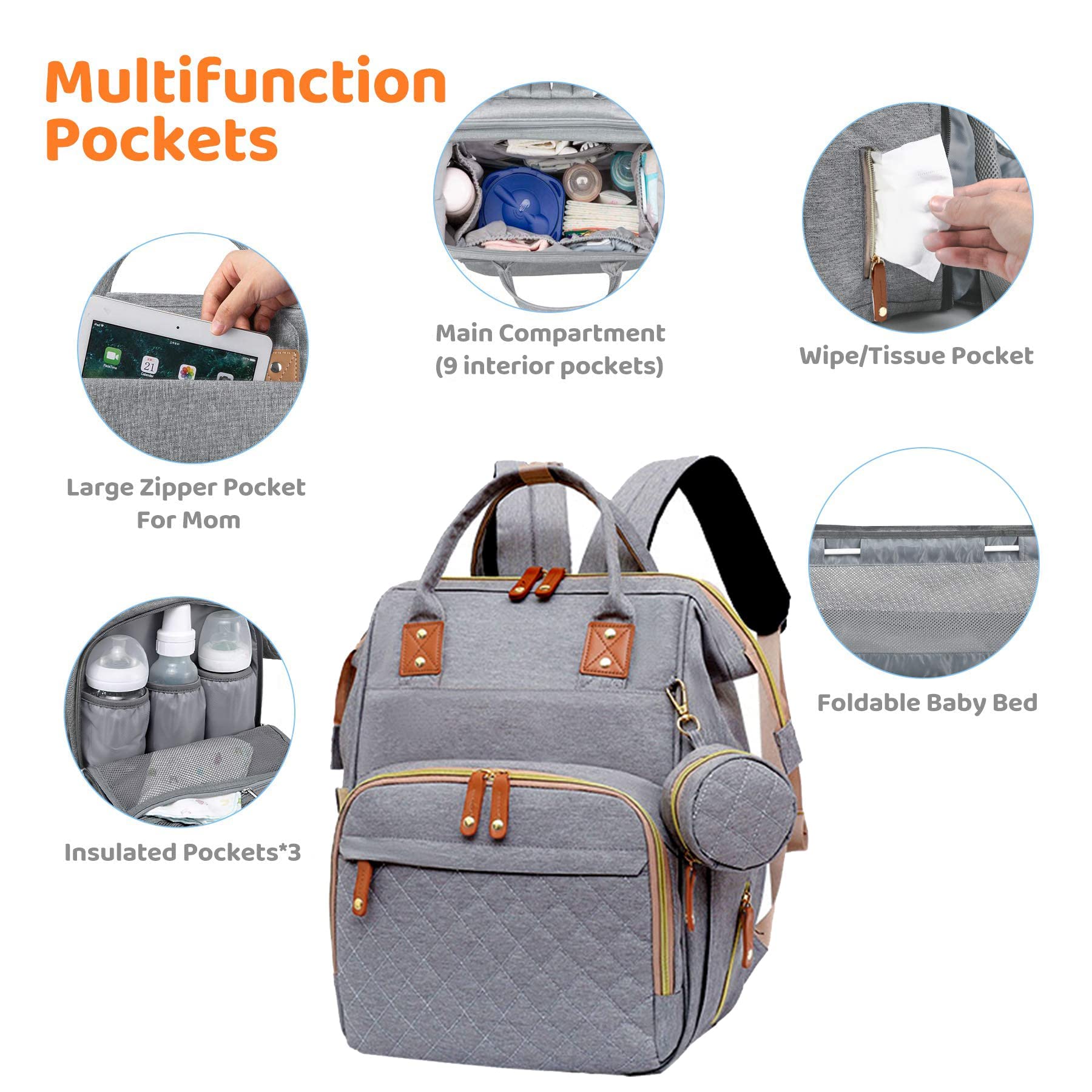 3 in 1 Diaper Bag Backpack with Changing Pad Large Capacity Portable Portable Foldable Mommy Bag Waterproof Newborn Baby Shower Gifts Travel Backpack Stroller Straps(Grey)