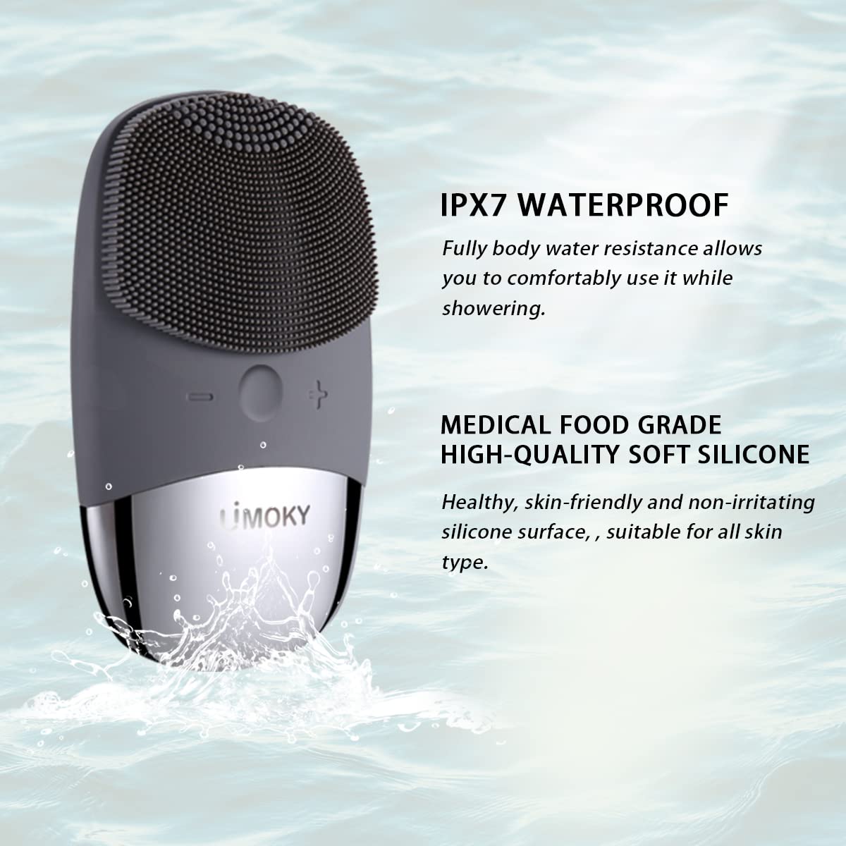 Facial Cleansing Brush, 3-in-1 Electric Silicone Face Scrubber, Vibrating Massager, IPX7 Waterproof, USB Rechargeble Brush for Deep Cleanning, Blackhead Remover, Exfoliating (Gray)