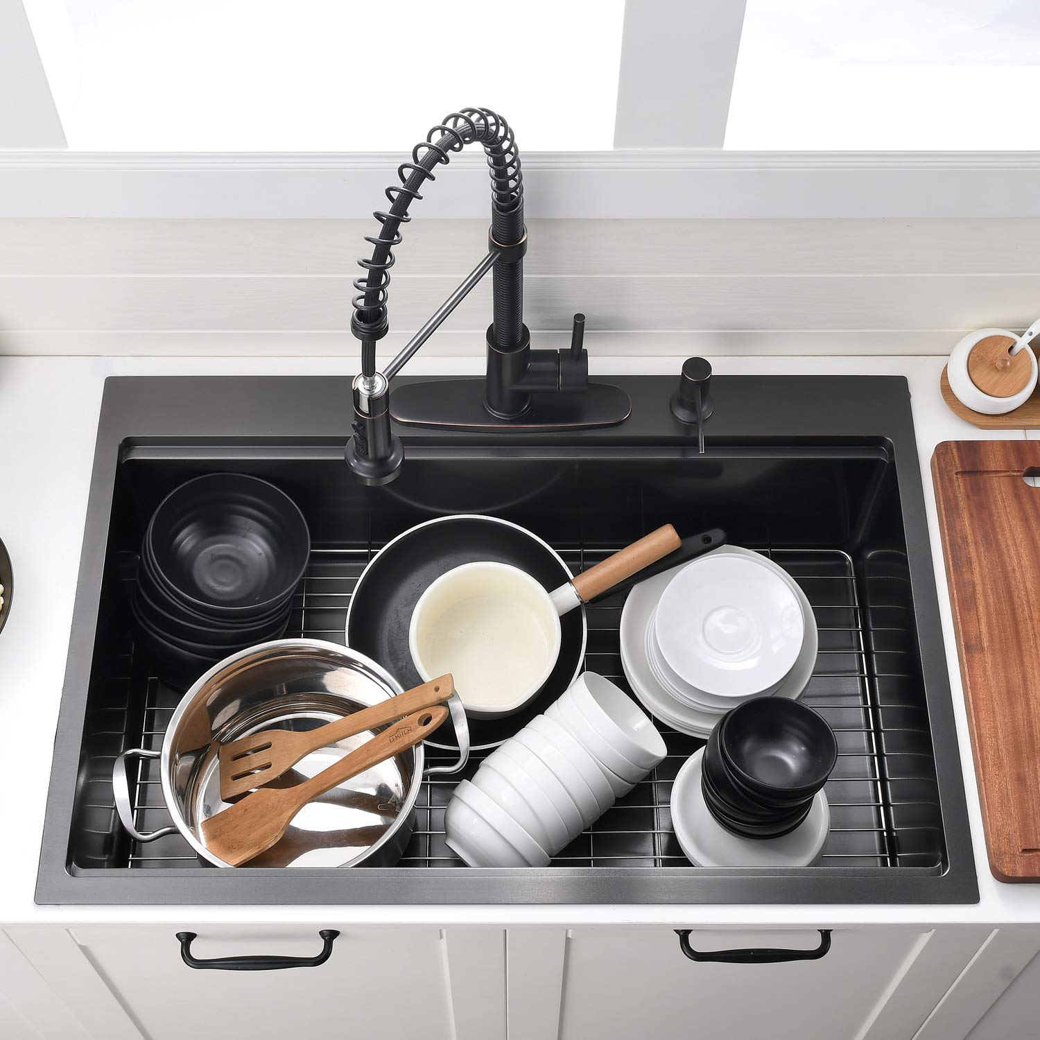 33x22-Inch Gunmetal Black Drop In Kitchen Sink - VOKIM 33 Inch Single Bowl 16 Gauge Stainless Steel Sink with Cutting Board & Strainer