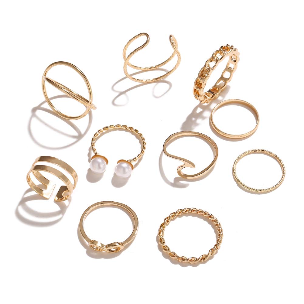 17 MILE 10 Pcs Gold Knuckle Stackable Rings Set for Women, Bohemian Gold/Silver Plated Comfort Fit Vintage VSCO Wave Joint Finger Rings Gift (Gold)